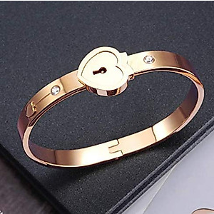 JRjewelry His and Hers Korean Style Rosegold Stainless Steel Hold The Key to My Heart Forever Lock Bangle Bracelet and Key Pendant Necklace Set-BR399