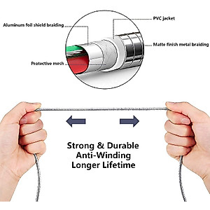 METZONIC Charger Cable [2 Pack, 6.6 Ft] Metal 304 Stainless Steel Braided USB Charging Cable High Speed Connector Data Sync Transfer Cord