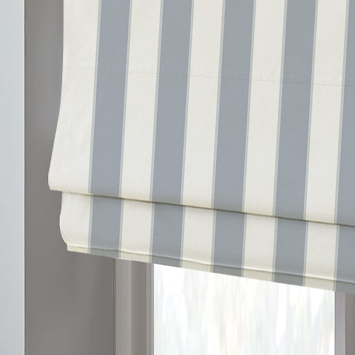 Roman Shades with Valance for Windows, Greyish Blue Stripe Custom Blackout Light Filtering Roman Window Shades, Fabric Insulated Thermal Roman Blinds for Doors, French Doors, Kitchen Windows