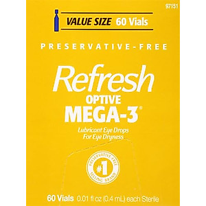 Refresh Optive MEGA-3 Lubricant Eye Drops Preservative-Free Artificial Tears, 0.01 fl oz (0.4 mL), 60 Single-Use Containers