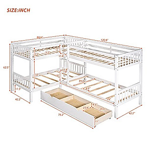 RORIGAT Twin Over Twin Quad Bunk Bed with Trundle Bed, L-Shape Bunk Bed for 4 with Ladder, Wooden Corner Bunk Bed for 4 Kids Boys Girls Teens,Gray