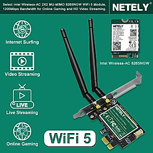 NETELY Dual Band Wireless-AC 1200Mbps PCIE WiFi Adapter with Bluetooth 4.2 for Windows 7, 8.x, 10, 11 64bit System Desktop PCs, 2.4GHz 300Mbps and 5GHz 867Mbps PCIE WiFi Card (NET-AC8265)