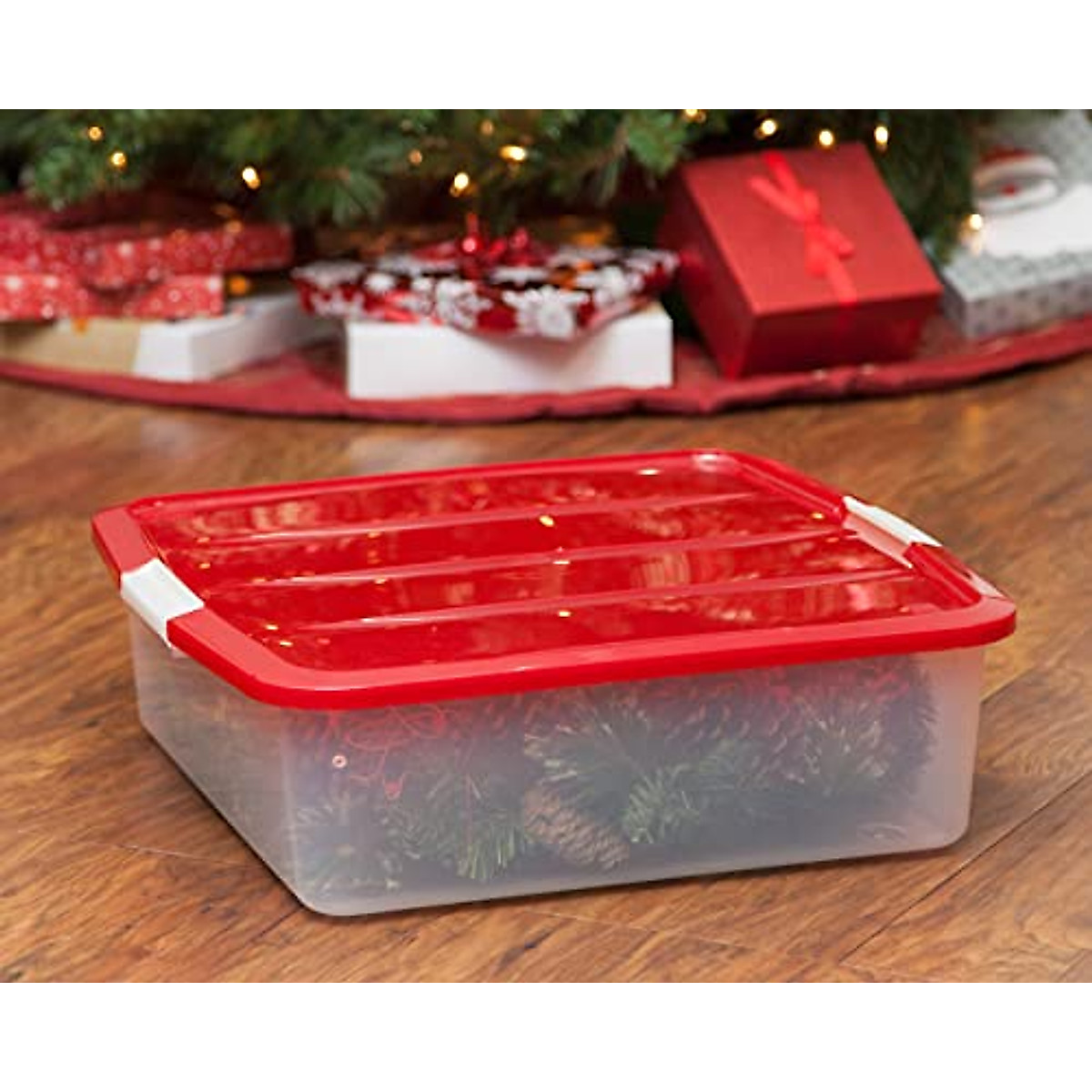 IRIS USA 33 Qt. Holiday Wreath Storage Container Box with Lid, 3-pack, Stackable Under Bed Storage Organizer Bin with Latching Buckles for 20" Wreaths Festive Holiday Decorations Garlands, Clear/Red