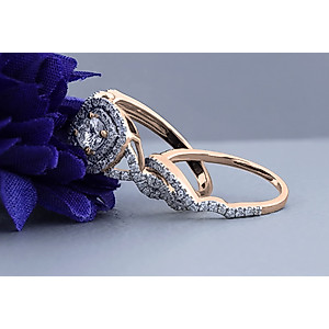 Dazzlingrock Collection 1.00 Cttw Round White Diamond Cushion Shaped Halo Engagement Ring Set for Women in 14K Solid Rose Gold, Size 10