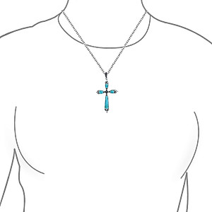 Bling Jewelry Vintage Western Style Spiritual Religious Blue Turquoise Gemstone Fleur De Lis Cross Pendant Necklace For Women Teen Oxidized .925 Sterling Silver