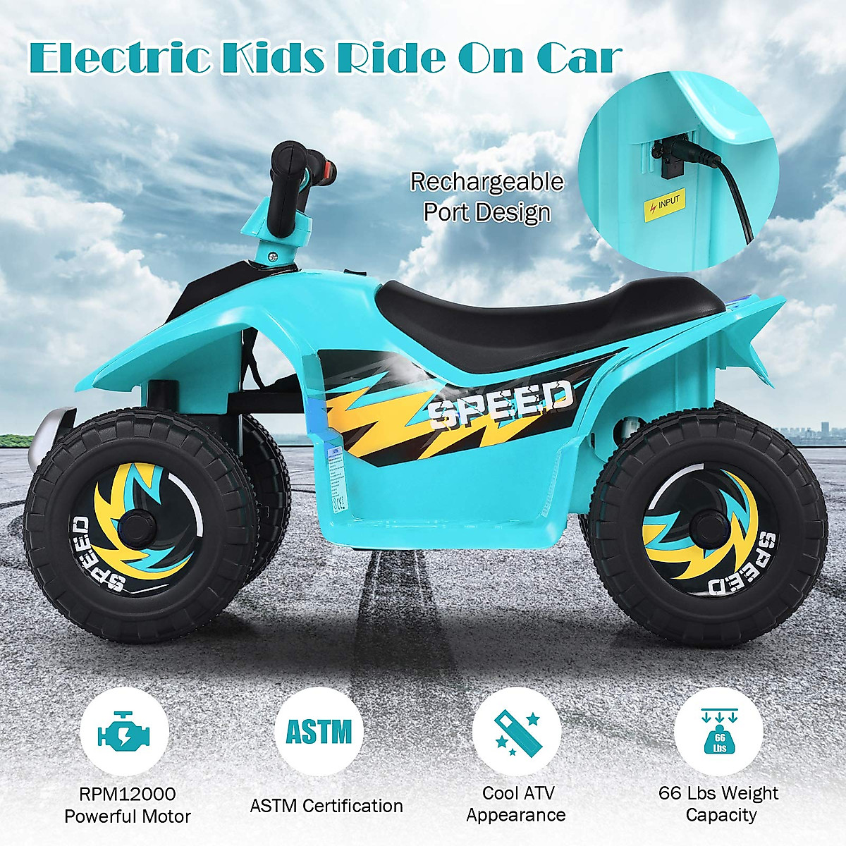 HONEY JOY Ride On ATV, 6V Mini Off-Road Battery Powered Motorized Quad for Kids, 2 Speeds, Anti-Slip Wheels, RWD 4-Wheeler Electric Ride On Toy Car for Toddlers (Blue)