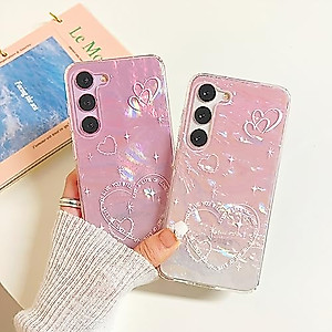 YeLoveHaw for Samsung Galaxy S23 Phone Case for Women Girls, Glitter Pink Purple Colorful Pearly-Lustre Shell, Cute Heart-Shaped Pattern, Slim Protective Cover for Samsung S23 6.1 (White Hearts)