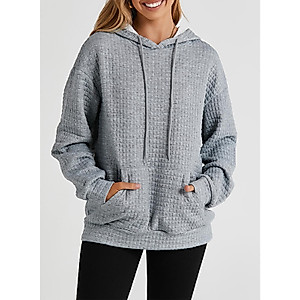 SELINK Hoodies For Women Casual Pullover Waffle Long Sleeve Drawstring Hooded Sweatshirt with Pocket Grey-L
