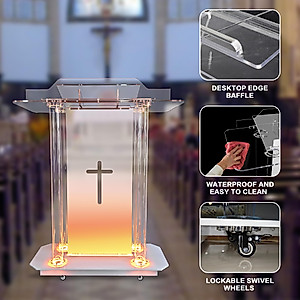 LAYIQDC Church Pulpit with Hollow Cross Design,Led Acrylic Church Podium with Wheels& Vertical Reading Platform, 46”Transparent Lecterns for Churches,Classroom and Weeding(39.4”L*15.7”W *44”H)