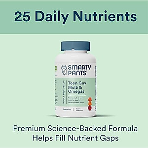 SmartyPants Teen Guy Multivitamin Gummies: Omega 3 Fish Oil (EPA/DHA), Vitamin D3, C, Vitamin B12, B6, Vitamin A, K & Zinc, Gluten Free, Three Fruit Flavors, 120 Count (30 Day Supply)