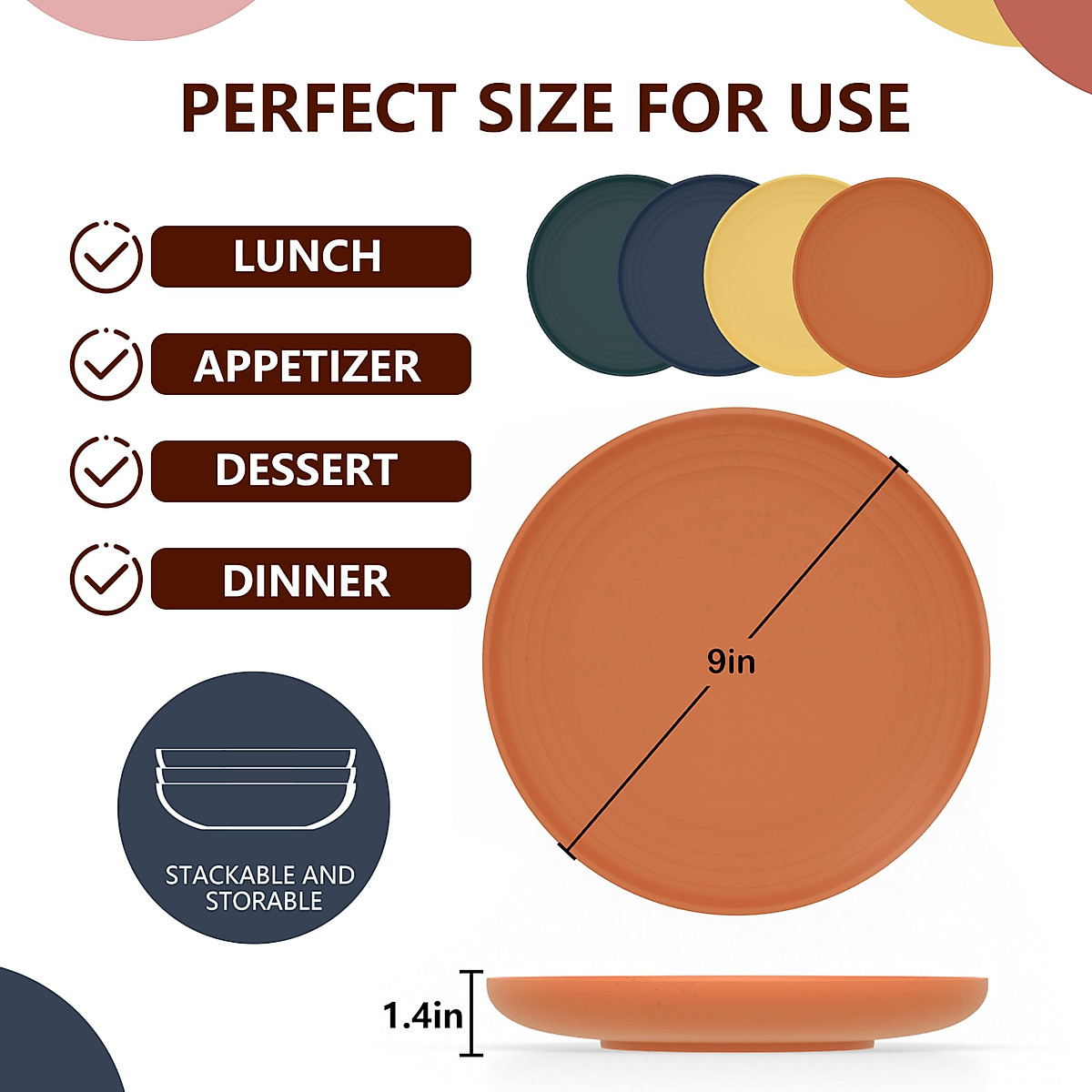 underbartliv Wheat Straw Plates,Alternative for Plastic Plates,9 Inch Unbreakable Kitchen Plates Set of 8,Dishwasher & Microwave Safe Dinner Plate Set Reusable, BPA Free,4 Color Designs