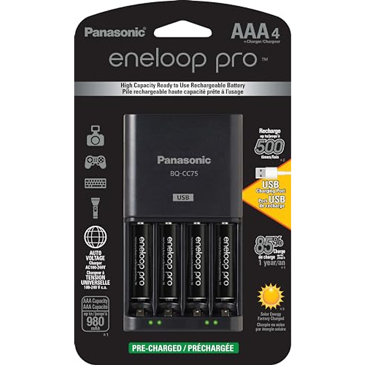 Panasonic K-KJ75K3A4BA Advanced Battery Charger with USB Charging Port and 4AAA eneloop pro High Capacity Rechargeable Batteries