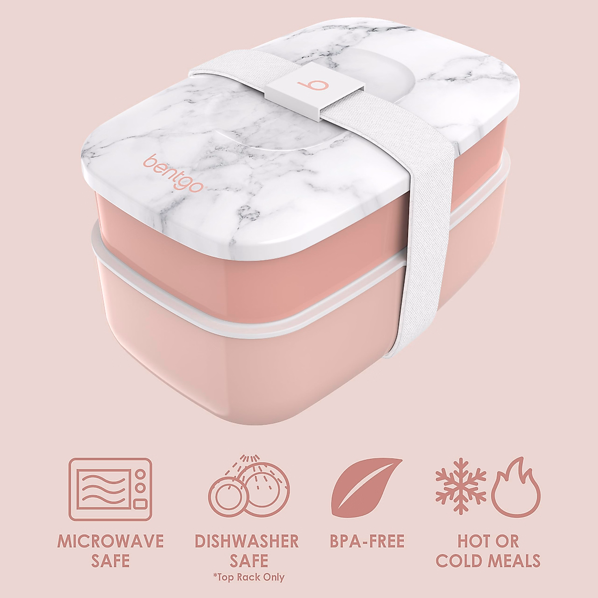 Bentgo Classic - All-in-One Stackable Bento Lunch Box Container - Modern Bento-Style Design Includes 2 Stackable Containers, Built-in Plastic Utensil Set, and Nylon Sealing Strap (Blush Marble)
