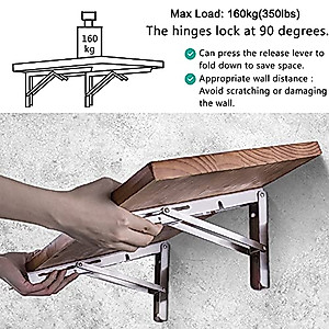 Folding Shelf Brackets 16 Inch, Pynsseu Heavy Duty Stainless Steel Collapsible Wall Mounted Shelf Bracket for DIY Table Work Bench, Space Saving DIY Wall Bracket, 2 Pack
