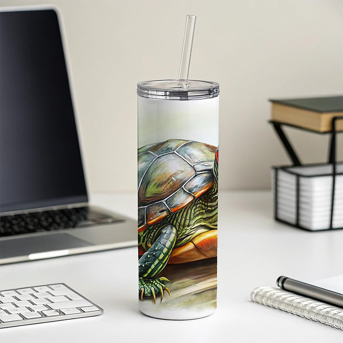 Red Eared Slider Turtle Watercolor Skinny Tumbler 20oz with Straw Insulated Water Bottle Gift