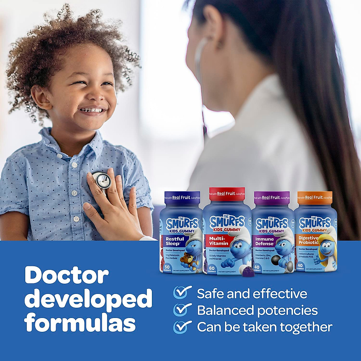 The Smurfs Kids Multivitamin Gummies with 15 Daily Vitamins and Minerals for Growth & Development | Made with Real Fruit in a Smurf Berry | Delicious, Doctor Developed & Non-GMO Formula | 60 Gummies