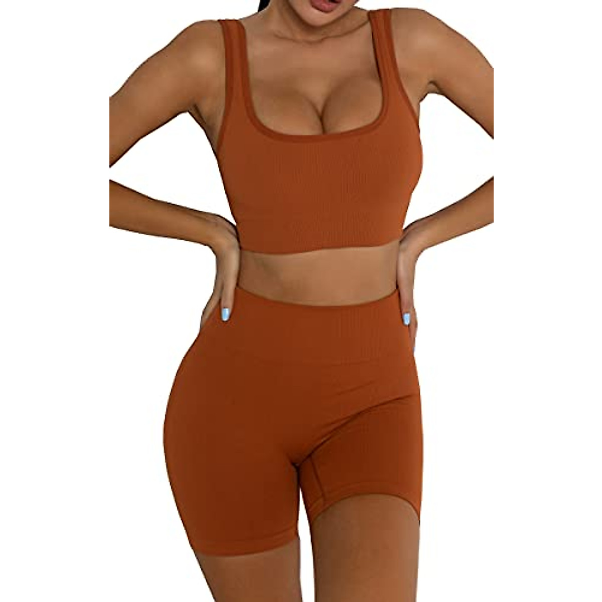 Women's Seamless Ribbed Crop Tank and Tummy Control Biker Shorts Jumpsuit Romper Set 2 Piece Workout Outfit Coffee L