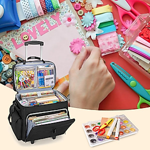 Trunab Rolling Scrapbook Tote with Expandable File Pocket, Large Craft Organizer and Storage Bag with Detachable Trolley and Bottom Support Panel for Scrapbooking Supplies and Art Tools, Black