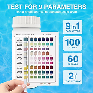 Pool and Spa Test Strips 9 in 1 Pool Test Kit, 100 Spa Test Strips Make Sure You Have hot tub Test Strips and Pool Water Test Strips for Iron, Copper, Nitrite, Nitrate, (9-in-1 Pool Test Kit)
