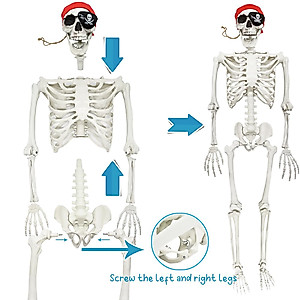 5.4Ft/165cm Life Size Skeleton Halloween Decor, Posable Poseable Human Pirate Skeleton, Full Size Skeleton with Posable Joints Bandana Eye Patch for Halloween Party Outdoor Haunted House Decor