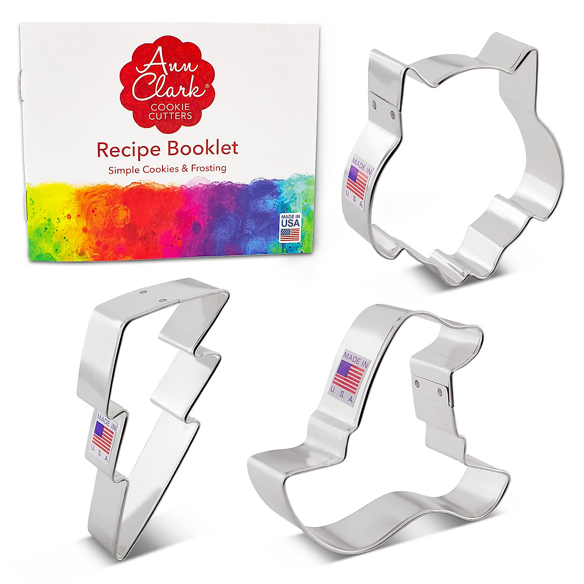 Witchcraft and Wizardry Cookie Cutters 3-Pc. Set Made in the USA by Ann Clark, Witch's Hat, Cute Owl, Lightning Bolt