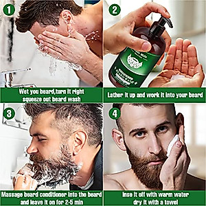 Beard Wash and Conditioner Kit (17oz) Natural Mint Beard Shampoo Conditioner Kit, Fathers Gifts for Dad Him Men, Beard Shampoo Set w/Beard Oil Conditioner Cleanse Smooth Soften Strengthen