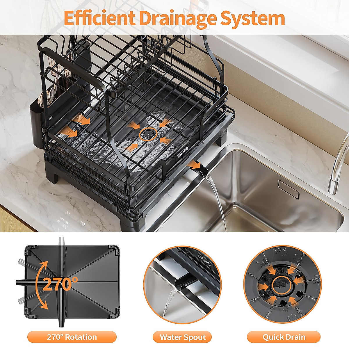 Urackify Extendable Dish Drying Rack, 2-Tier Dish Rack for Kitchen Counter, Large Expandable Dish Drainer Over Sink, 3 in 1 Multifunction Dish Strainer with Drainboard & Cups Holder, Black