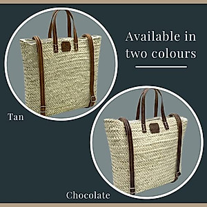 LA Collections Natural Straw and Leather Bag, Backpack, Tote, Adjustable Leather Straps, Perfect for Beach, Shopping, Market, Picnic, Music festival. Handcrafted by Moroccan artisans.