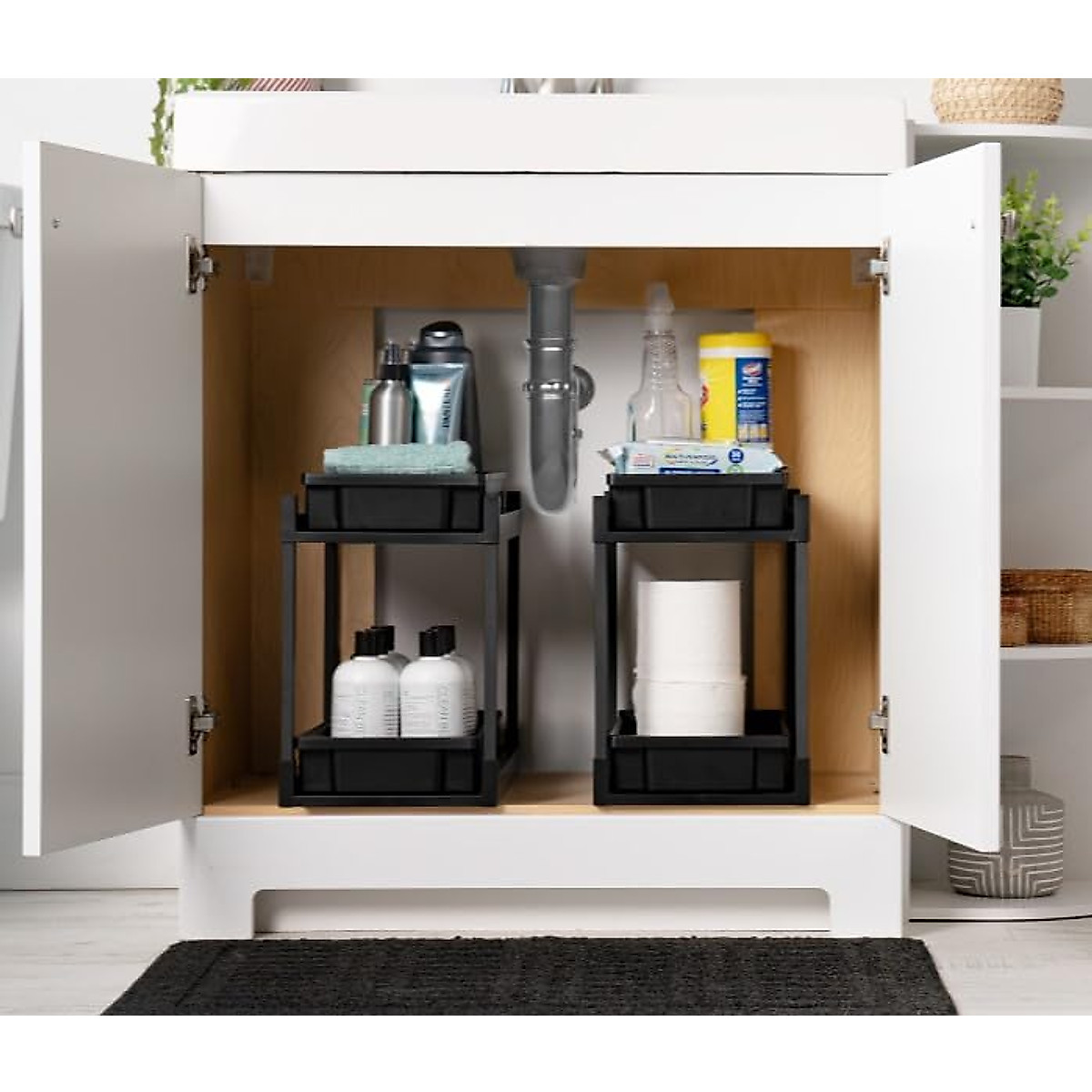 IRIS USA 2-Tier Under Sink Organizer, 2 Pack, Storage with Sliding Drawers - Versatile Solution for Office, Kitchen or Bathroom - Black