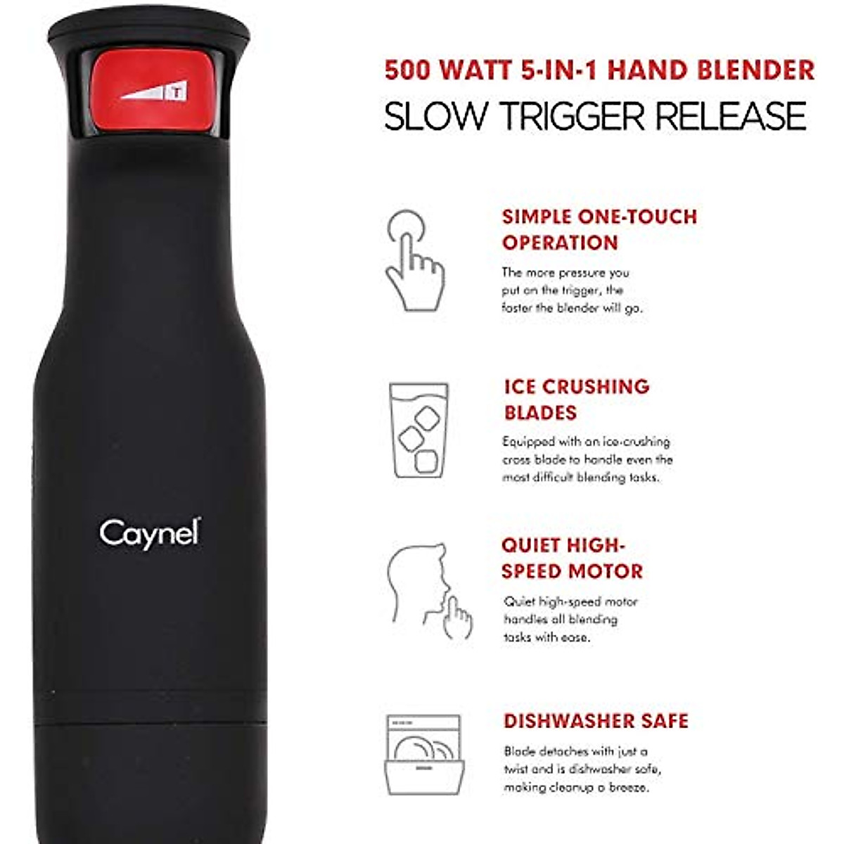 Caynel 500 Watt Immersion Hand Blender, 8 Variable Speeds Control with Turbo Setting, Ergonomic handle Multi-purpose Hand Mixer Pure Copper Motor Stainless Steel （5-in-1）