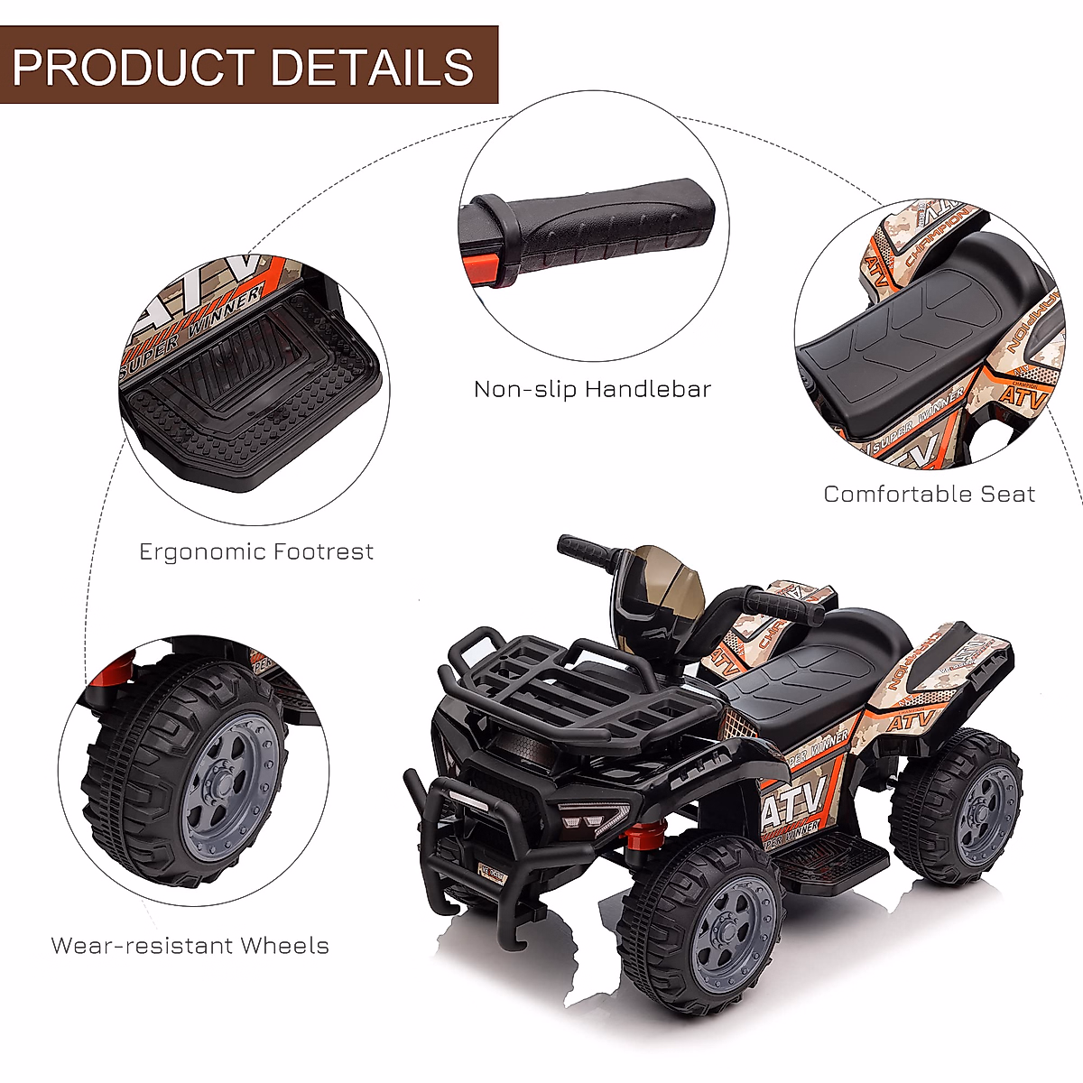 Aosom Kids ATV Four Wheeler Ride on Car, Motorized Quad, 6V Battery Powered Electric Quad with Songs for 18-36 Months, Black