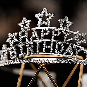 SWEETV Happy Birthday Tiara Crown for Girls & Women, Rhinestone Bday Crown with Comb, Crystal Birthday Party Hat Gift Princess Headpieces, Clear