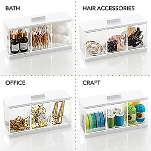 mDesign Cosmetic Divided Organizer Storage Canister Box with 3 Sections and Lid for Bathroom Vanity Countertop - Holder for Cotton Swabs, Perfume, Lipstick - Lumiere Collection - Clear/White