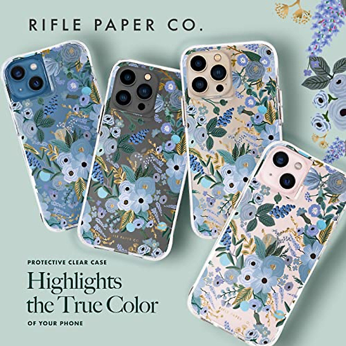 Rifle Paper Co. iPhone 13 Case for Women [10ft Drop Protection] [Wireless Charging] Floral Print Phone Case for iPhone 13, Slim iPhone Case, Anti Scratch, Shock Absorbing Materials -Garden Party Blue