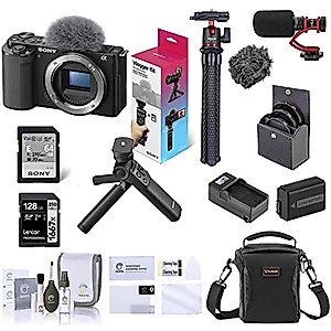 Sony ZV-E10 Mirrorless Camera with 16-50mm Lens, Black Bundle with ACCVC1 Vlogger Kit, Memory Card, Bag, Screen Protector, Microphone, Tripod, Battery, Charger, Filter Kit, Cleaning Kit