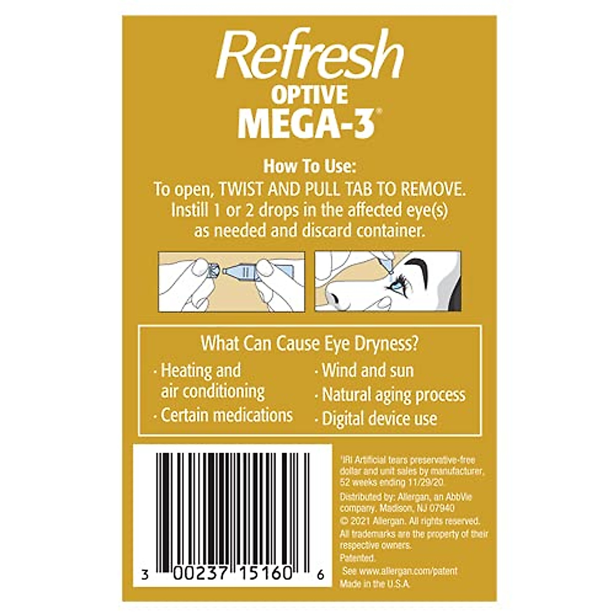 Refresh Optive MEGA-3 Lubricant Eye Drops Preservative-Free Artificial Tears, 0.01 fl oz (0.4 mL), 60 Single-Use Containers