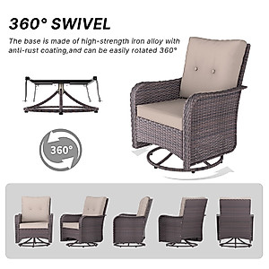 Gotland 3 Pieces Patio Swivel Rocker Wicker Chairs-Outdoor Swivel Rocking Chairs with 1 Rattan Coffee Table&2 Khaki Thickened Cushions Outdoor Furniture Conversation Sets
