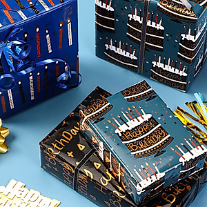 LeZakaa Birthday Wrapping Paper Roll - Mini Roll - Cake/Happy Birthday Lettering/Candle for Girl, Boy, Kids, Adult, Friends - 17 x 120 inches, 3 Rolls (42.5 sq.ft.ttl.)