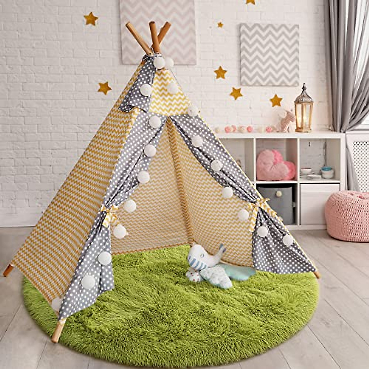 Chicrug Fluffy Round Area Rugs for Girls Bedroom, 4x4 Feet Shaggy Circle Area Rug for Living Room, Soft Fuzzy Carpets for Princess Room, Cute Rug Kids Circular Playmats for Baby Nursery Home, Green