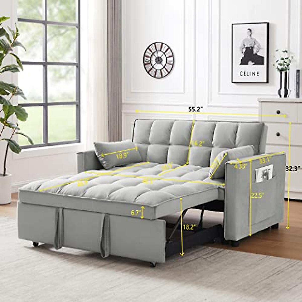DHHU 52" Sleeper Couch Convertible Sofa Bed, 3 in 1 Velvet Loveseat Pull Out Bed, Reversible Couch with Toss Pillows and Pockets, 2-Seat Adjustable Backrest Full Size Sofa for Living Room Furniture
