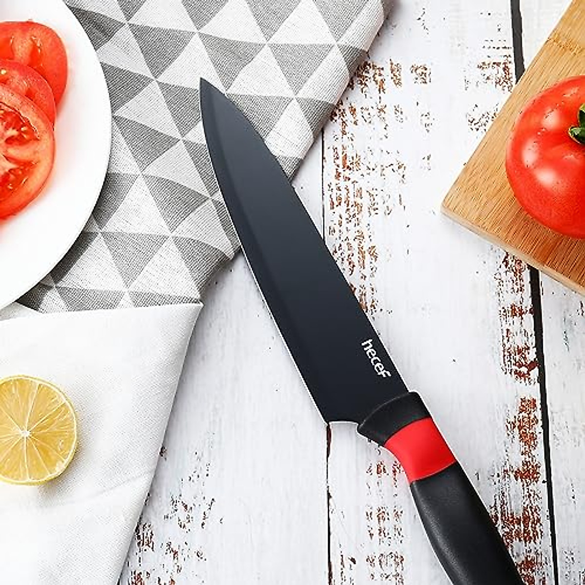 hecef Black Kitchen Knife Set with Adjustable Acrylic Stand, 6 Pcs Ultra Sharp Knives Set with Block, Ergonomic Handle Massage Design, Basic Knife Set for Chef Cutting Cooking