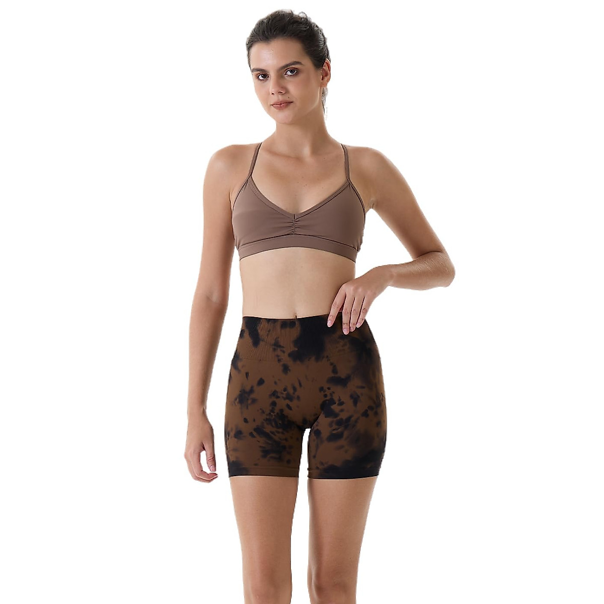 AUROLA Dream Tie Dye Workout Shorts for Women Seamless Scrunch Soft Active Shorts,Brown-Black Tie Dye,XS