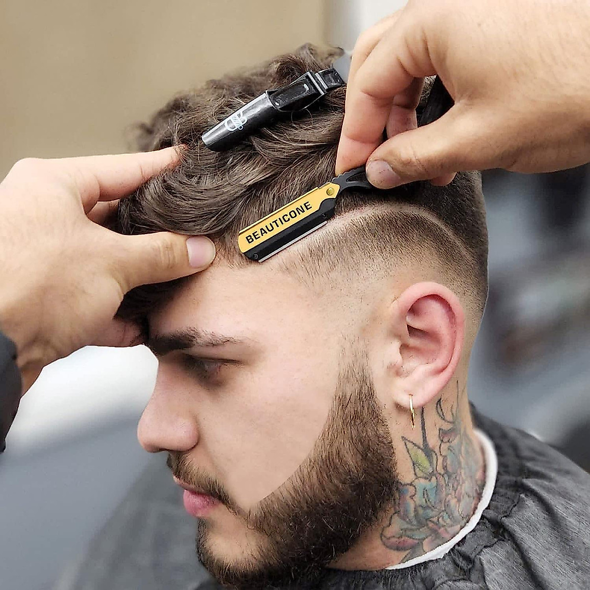 BEAUTICONE Straight Razor for Men, Professional Barber Razor with 100 Single Edge Blades, Straight Edge Single Blade Razors for Men, (Black & Gold with 100 blades)