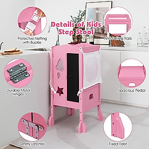 Costzon Kids Kitchen Step Stool with Safety Rail, Folding Wooden Step Helper w/Adjustable Height, Blackboard, Protective Netting, Stable Fixed Feet, Countertop Standing Tower for Toddlers(Pink)