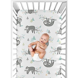 Sweet Jojo Designs Blue and Grey Jungle Sloth Leaf Unisex Boy or Girl Baby or Toddler Nursery Fitted Crib Sheet - Turquoise, Gray and Green Botanical Rainforest