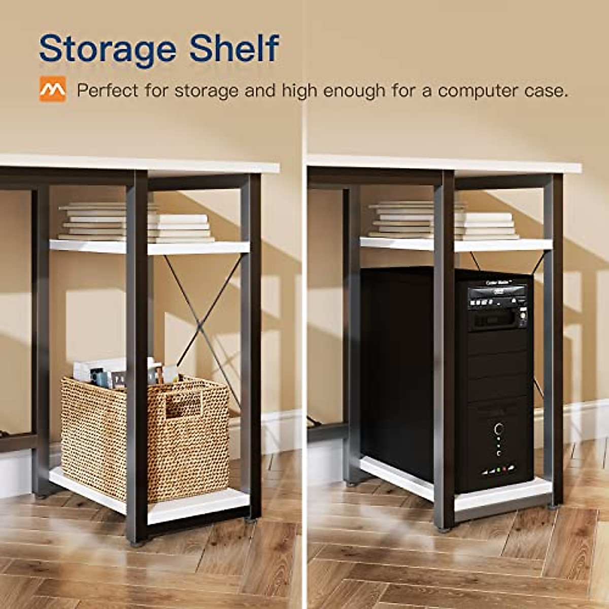 Coleshome L Shaped Computer Desk 66" with Storage Shelves, Corner Gaming Desk, Sturdy Writing Desk Workstation, Modern Wooden Office Desk, Wood & Metal, White