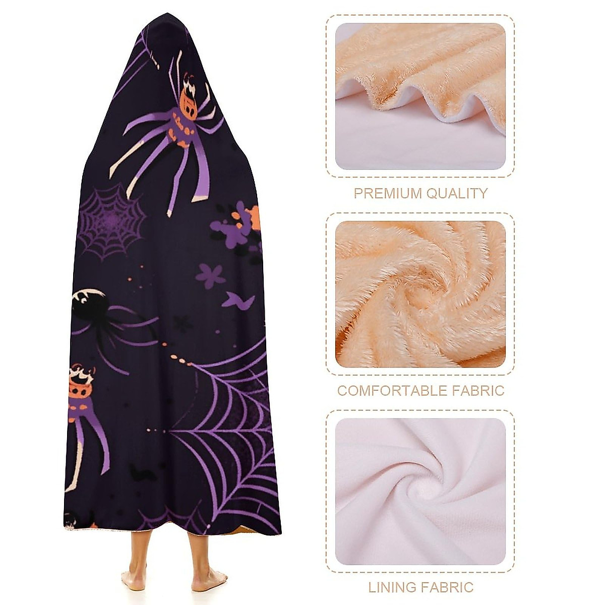 Seamless Pattern Halloween Spider Web Purple Hooded Blanket Happy Halloween Big Hug Fleece Hooded Blanket for Women Men Soft Cozy Blanket Snuggling Sofa Bedding 40"x50" Spring Summer Blanket Hoodie