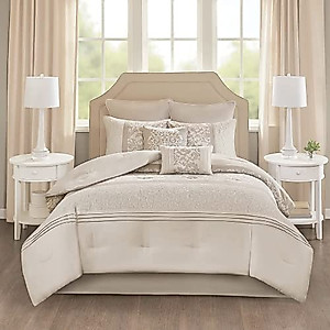 510 DESIGN Luxe Quilted Comforter Set Modern Transitional Design, All Season Down Alternative Warm Bedding Matching Shams, Bedskirt, Decorative Pillow, Queen, Ramsey Damask Neutral