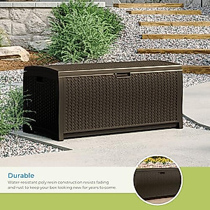 Suncast 73-Gallon Medium Deck Box - Lightweight Resin Indoor/Outdoor Storage Container and Seat for Patio Cushions and Gardening Tools - Store Items on Garage, Yard - Mocha Brown