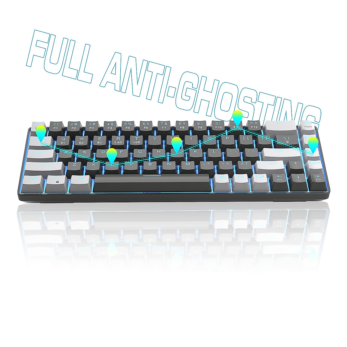 MageGee 60 Percent Wireless Mechanical Keyboard, 2.4G/BT5.1/USB-C Mini Gaming Keyboard with Blue Switch, 68 Keys Compact Blue Backlit Office Keyboard for PC Laptop Mac Smartphone, Black/Grey